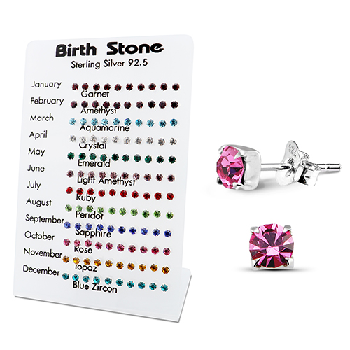 Wholesale Silver Hot Pink Birthstone 60 Pairs Display Stand | Safasilver